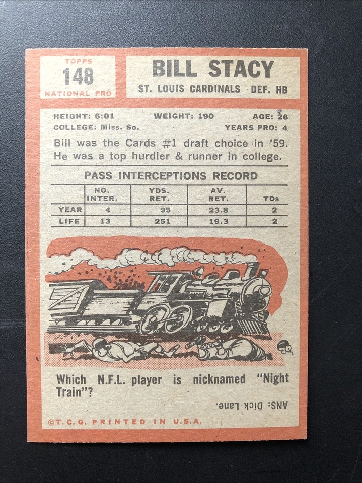 🔥1962 Topps Football Set Break Bill Stacy #148 Cardinals EX-MT+ | eBay