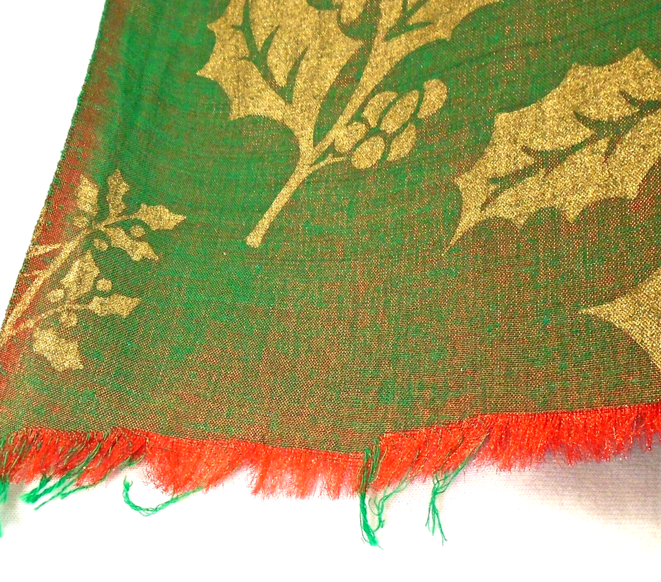 Christmas Holly Cardinal Birds Gold Green Faux Shot Silk Fabric 52 x ...