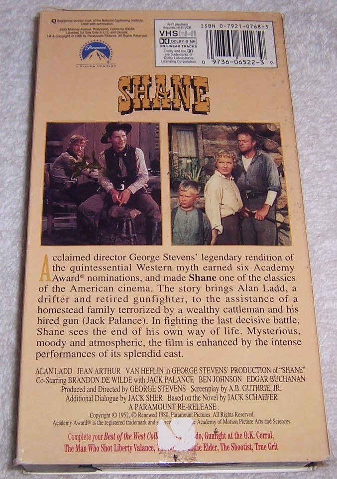 Shane VHS Video Alan Ladd Jean Arthur VAn Heflin 97360652239| eBay