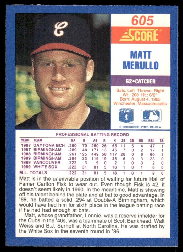 1990 Score Baseball Card Matt Merullo Rookie Chicago White Sox #605 | eBay