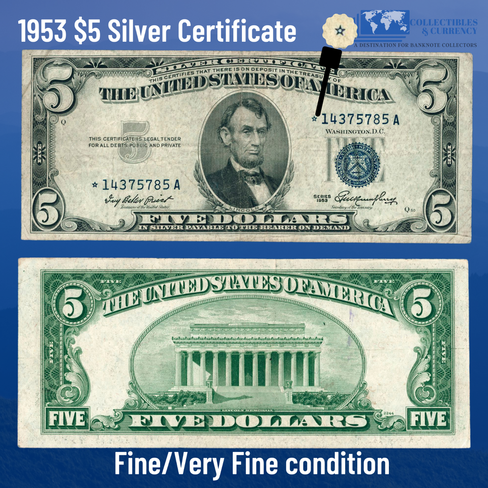 1953 Blue Seal $5 Silver Certificate Rare Star Note, F/VF,Old Five ...