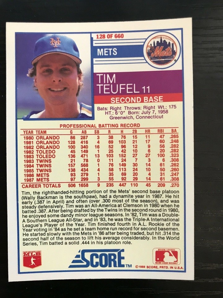 1988 Score Tim Teufel (#128) New York Mets Card Mint Condition | eBay