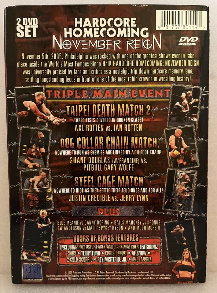 Hardcore Homecoming Wrestling 2-Disc DVD Set November Reign 2006 VG WWE ...