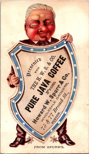 Howard W Spurr Pure Java Coffee BOSTON Victorian Trade Card Man Carries ...