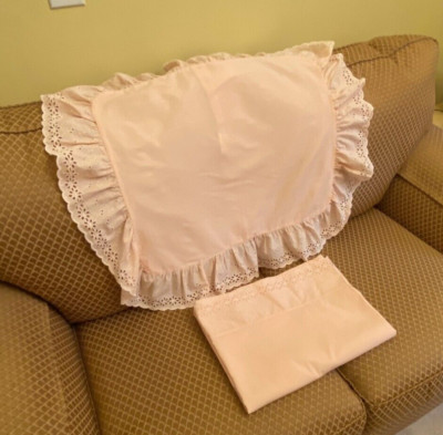 Vintage peach colored ruffled eyelet standard pillow sham and twin flat ...
