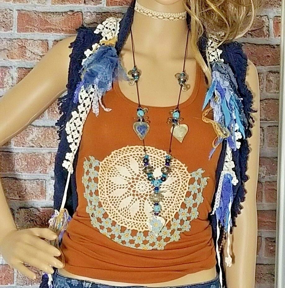UpCycled duster Vtg Fabric Fringe boho doilies Embroidered Burning Man ...
