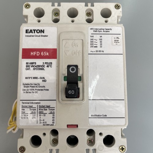 EATON HFD3060 HFD 65K 60AMP 600VAC 250VDC 3P INDUSTRIAL CIRCUIT BREAKER ...