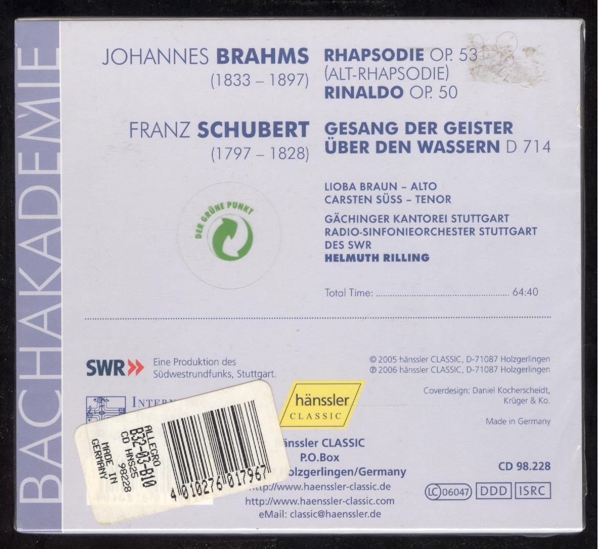 Rilling Conducts Brahms & Schubert by Brahms / Schubert / Swr Radio ...