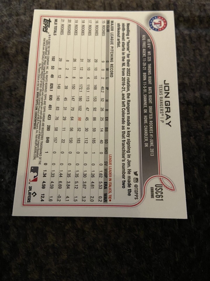 Jon Gray 2022 Topps Chrome Update Purple Refractor #USC61 - Texas ...