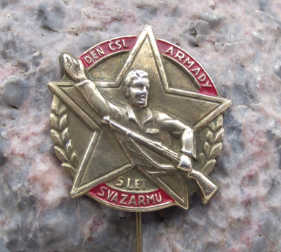 1956 Svazarm Czech Army 5th Anniversary Soldier & Rifle Red Star Pin ...
