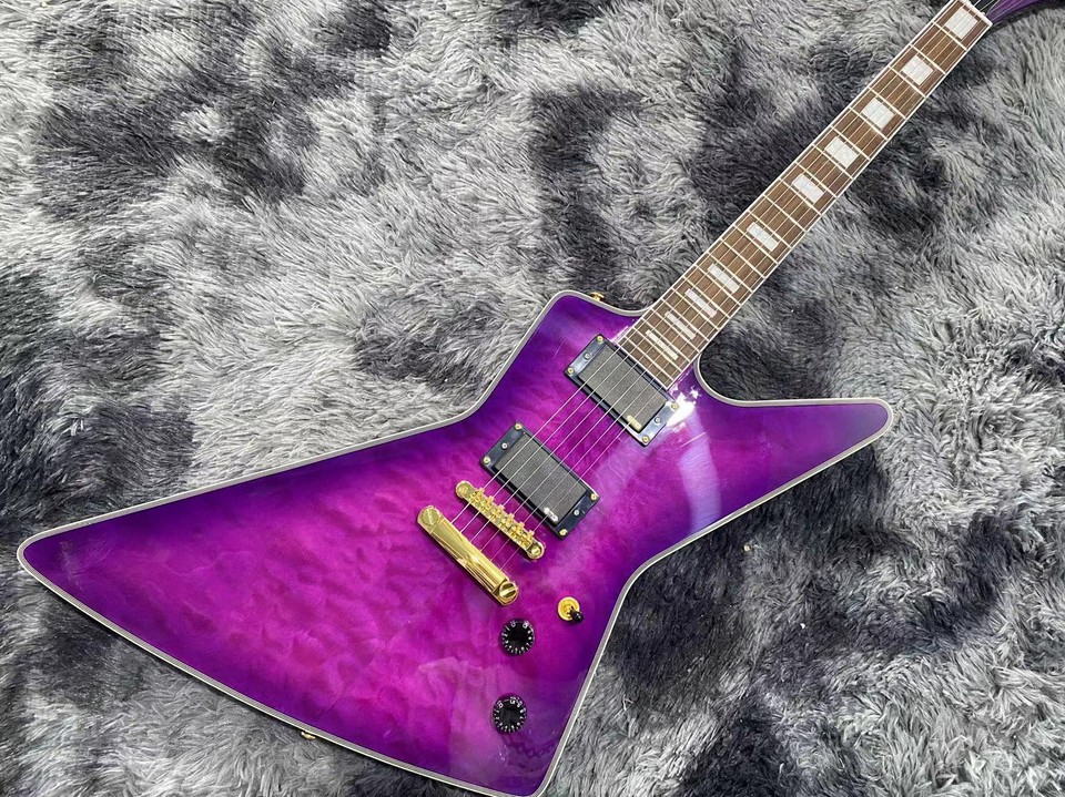 Electric Guitar Purple Explorer Flame Maple Top Gold Hardware High ...