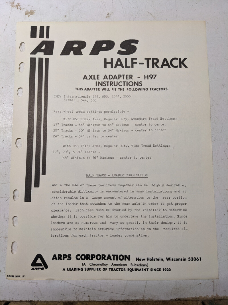 ARPS TRACTOR HALF-TRACK AXLE ADAPTER INSTRUCTIONS PARTS LIST H97 IHC ...