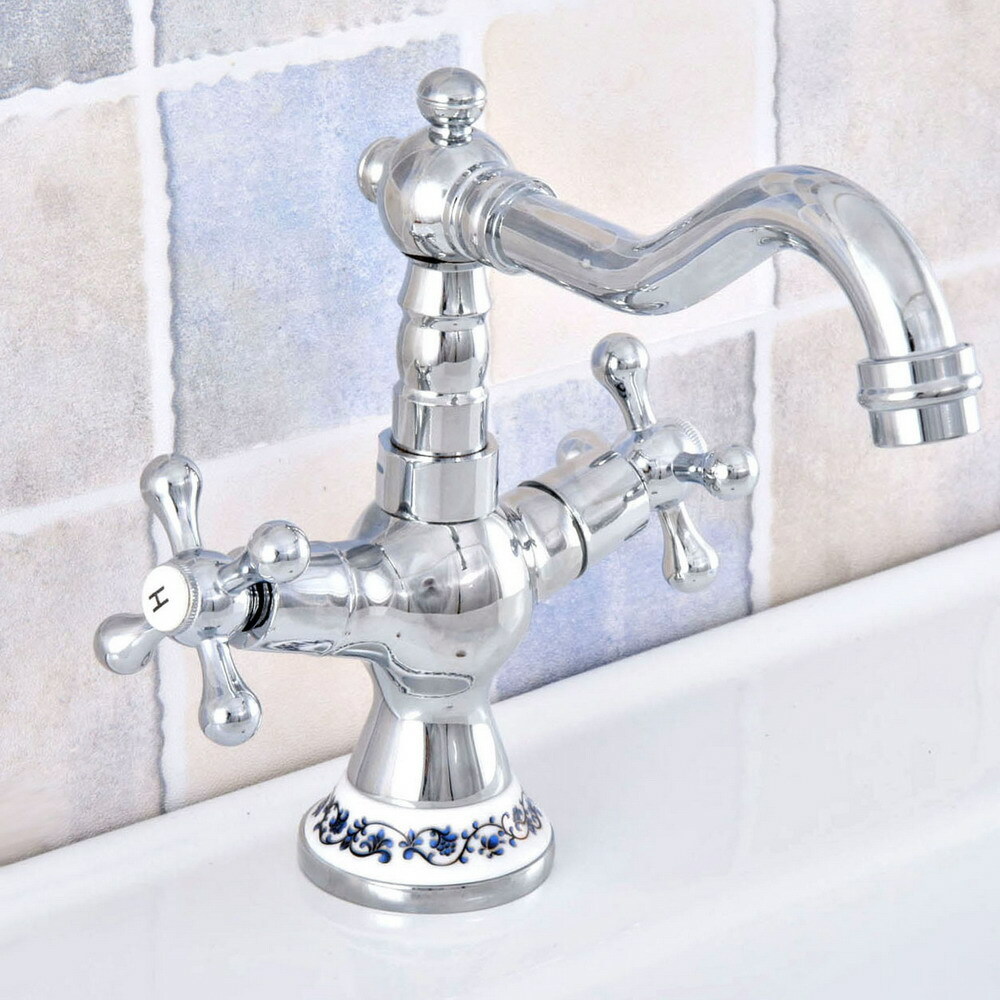Polished Chrome Double Cross Handle Bathroom Faucet Vanity Sink Mixer ...