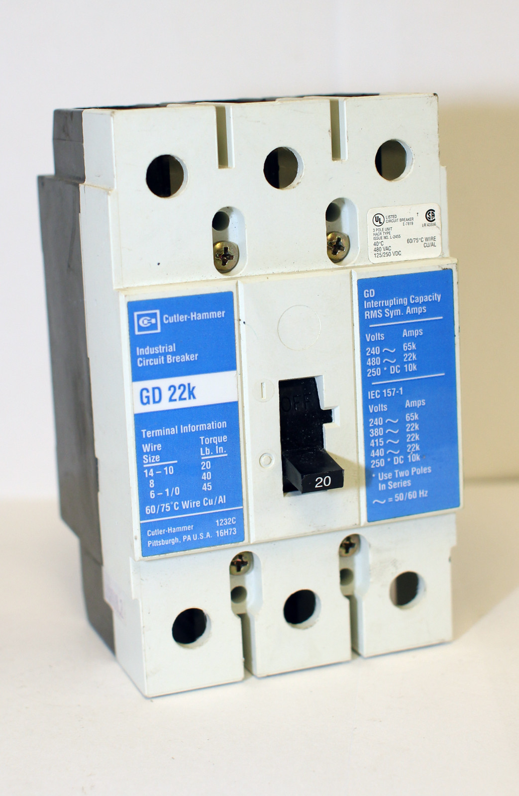 Cutler Hammer GD22K Circuit Breaker 3 Pole 480 VAC-PRE-OWNED | eBay