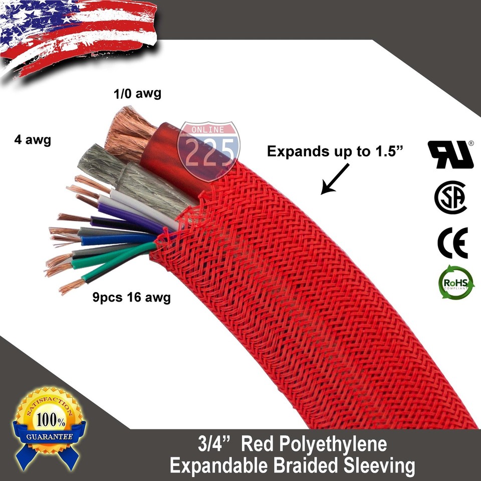 25 FT 3/4" Red Expandable Wire Cable Sleeving Sheathing Braided Loom ...