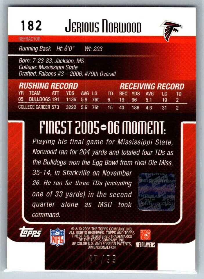 Jerious Norwood 2006 Topps Finest Black Refractor RC Autograph Rookie ...