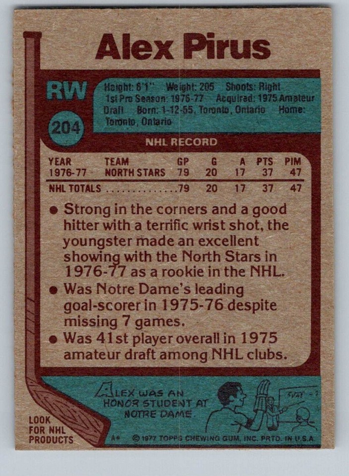 1977-78 Topps Hockey Set-Break #204 Alex Pirus North Stars *WSC* | eBay