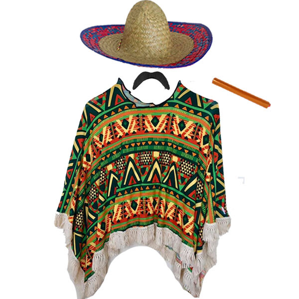 MENS ADULTS MEXICAN BANDIT PONCHO SOMBRERO FANCY DRESS COSTUME DAY OF ...