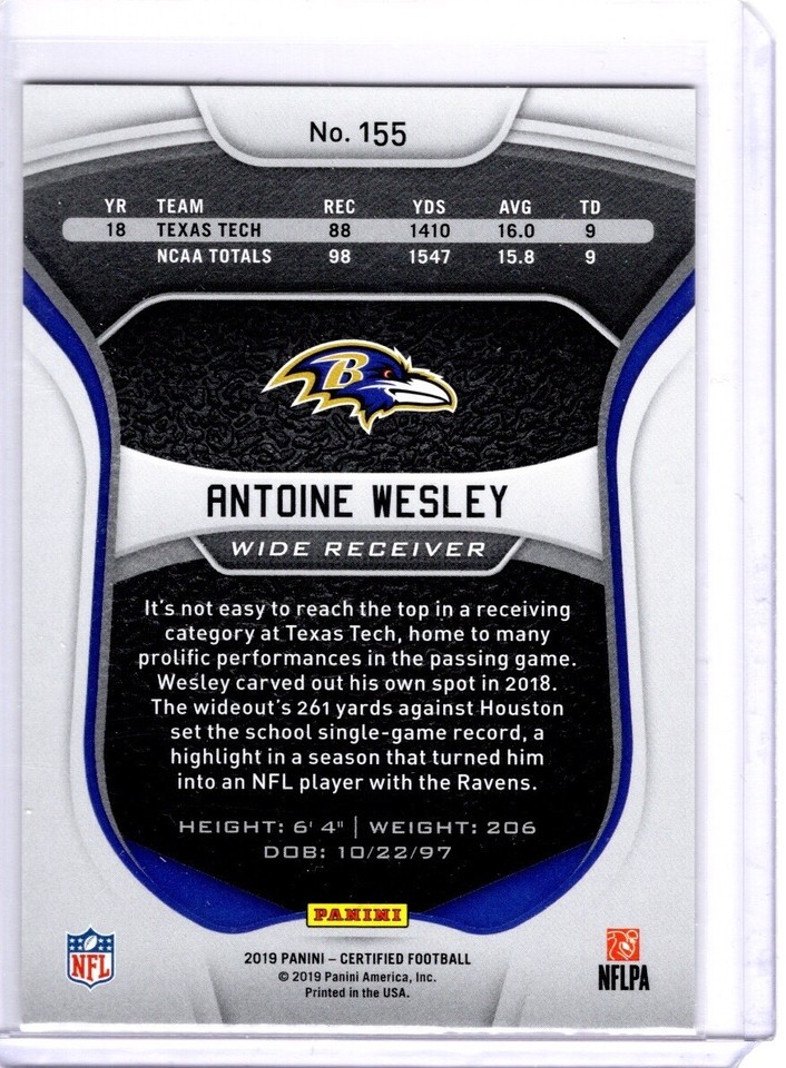 Antoine Wesley 2019 Panini Certified RC 394/399 Rookie Card #155 | eBay