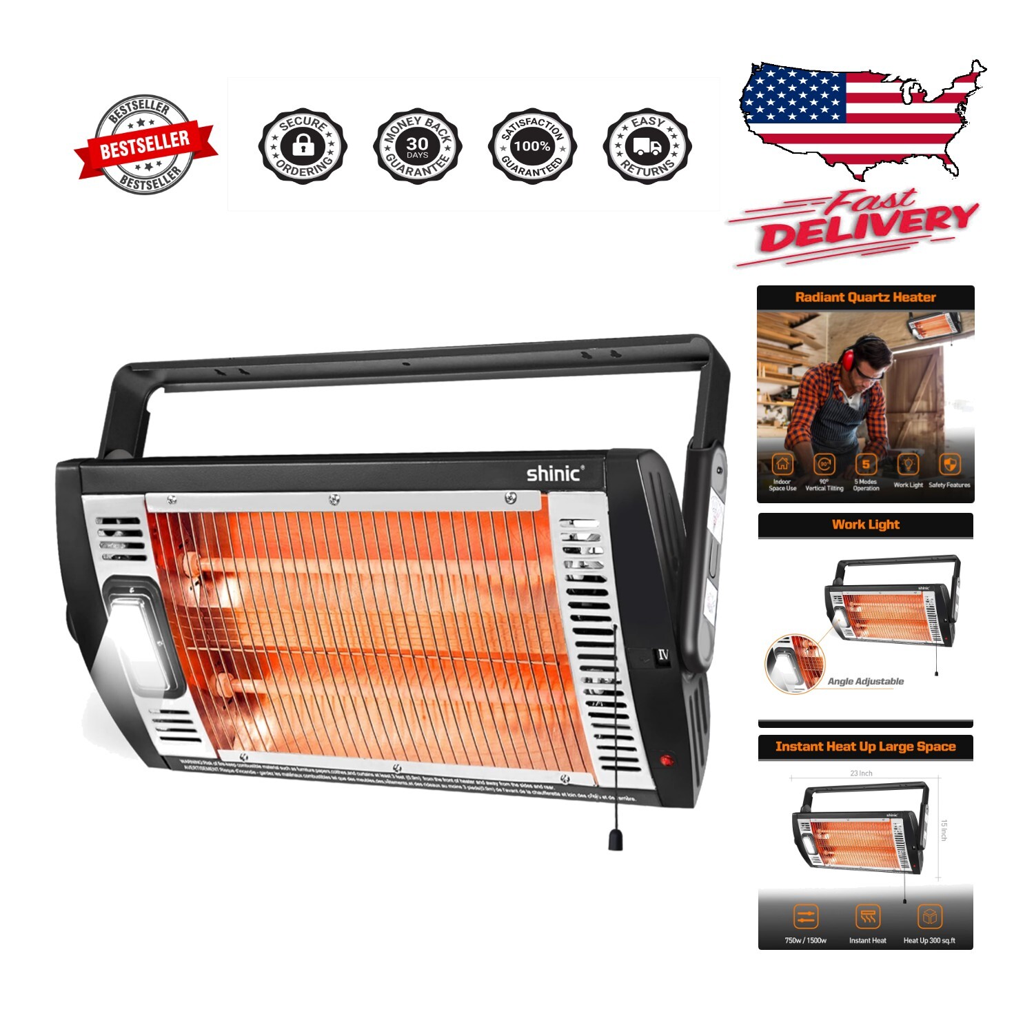 Powerful 1500W Electric Garage Heater - Ceiling Mounted Quartz Radiant ...