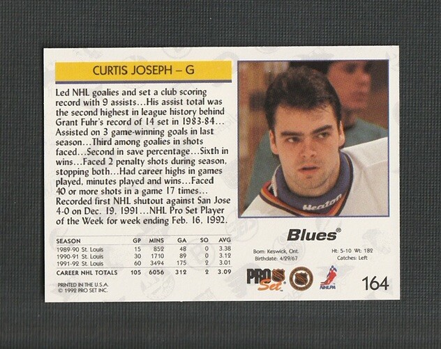1992-93 Pro Set Hockey Curtis Joseph #164 St. Louis Blues | eBay
