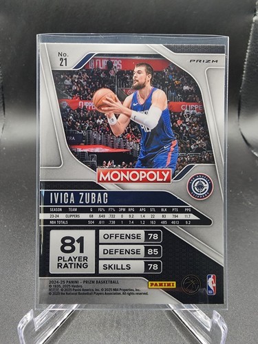 2024 Prizm Monopoly #21 Ivica Zubac Question Mark Los Angeles Clippers ...