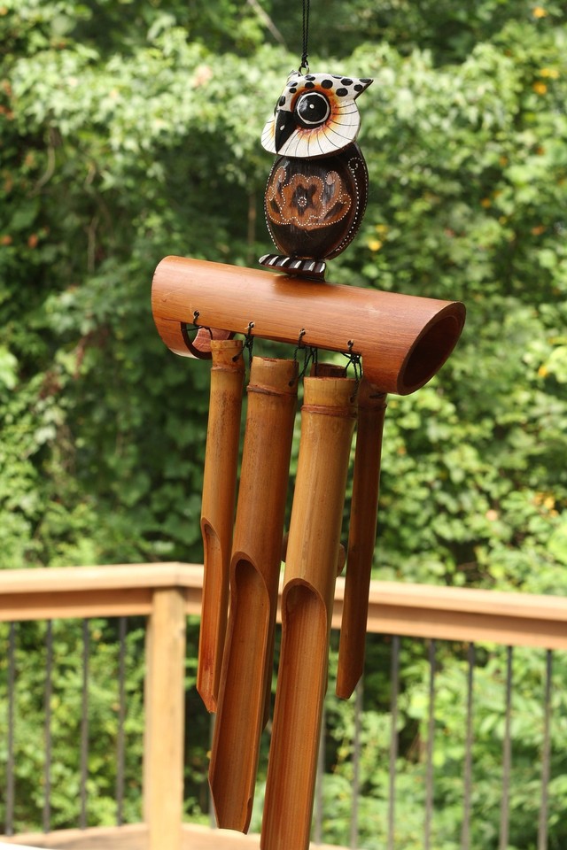 Handmade Wooden Snowy Owl Bamboo Wind Chime Wood Hoot Patio Garden ...