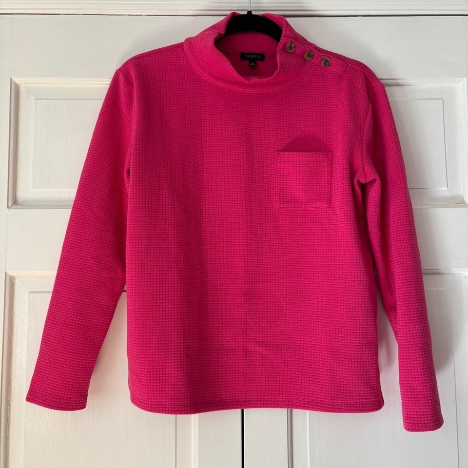 Talbots Bright Pink Grid Waffle Knit Mock Neck Pullover Sweatshirt ...