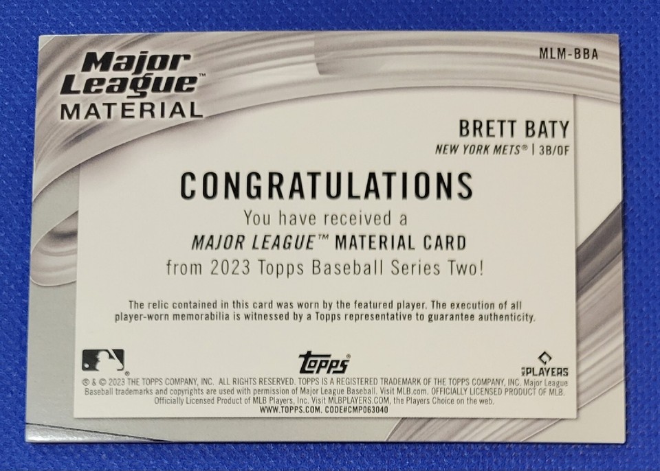 Brett Baty 2023 Topps Series 2 Major League Materials Relic RC Rookie ...