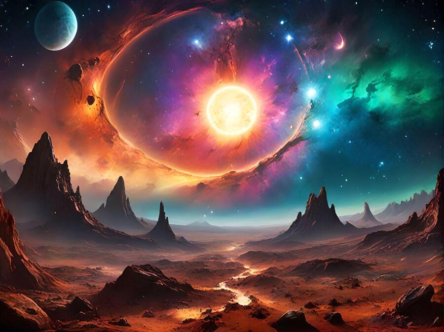 Alien Landscape Planets Moons Stars Sun Nebula Wispy Rocky Poster Art ...