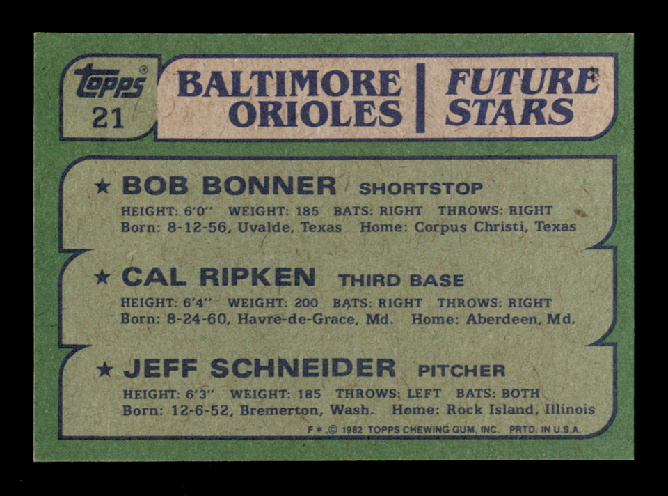1982 Topps Future Stars Cal Ripken Jeff Schneider Bobby Bonner #21 RC ...