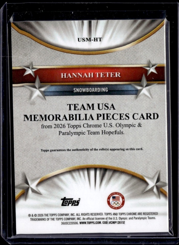 2026 Topps Chrome Winter Olympics #USM-HT Hannah Teter Worn Relic ...