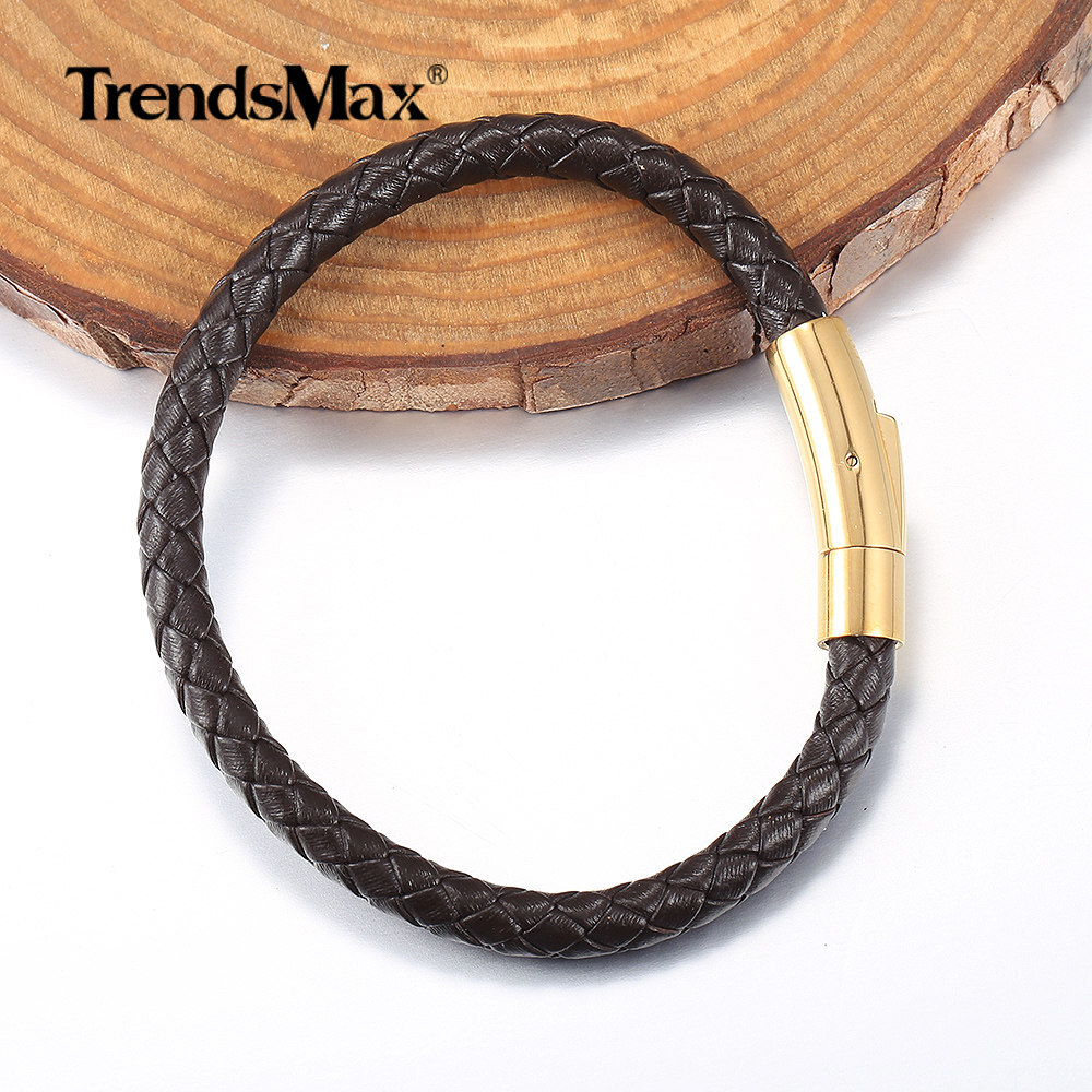 6mm For Men Women Braided Leather Rope Bracelet Stainless Steel Gold ...