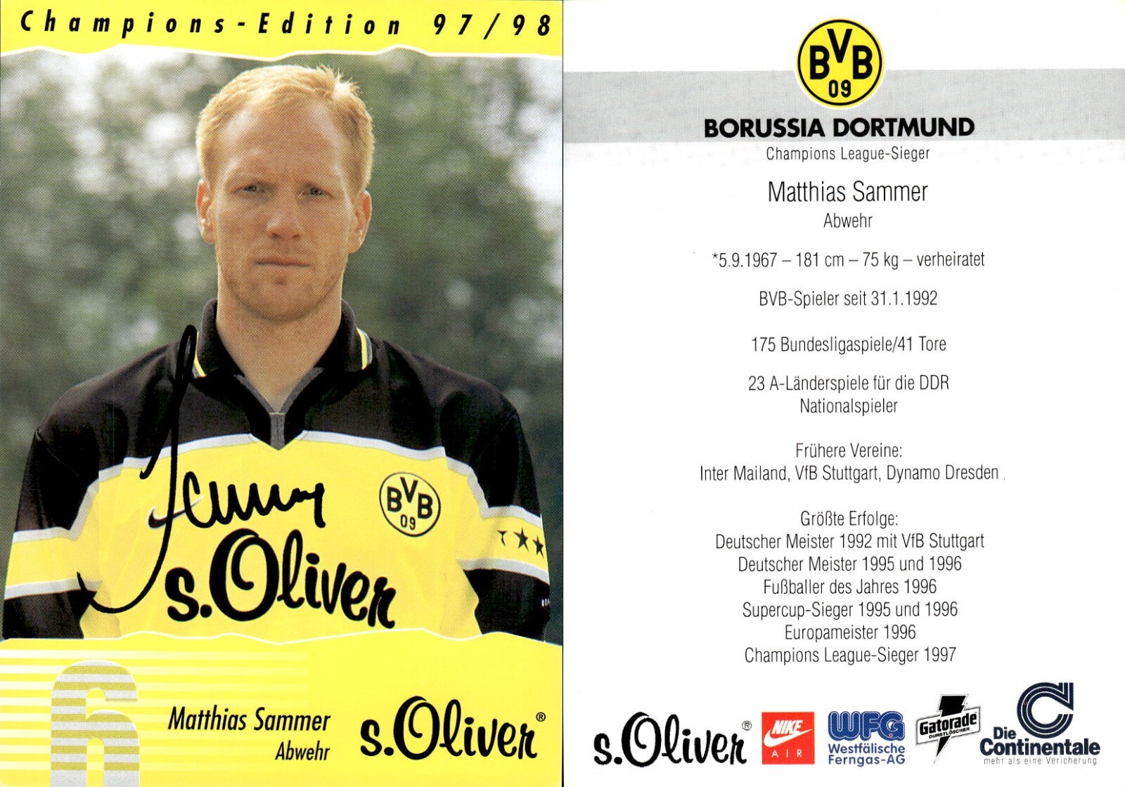 Matthias Sammer Borussia Dortmund 97-98 Champions Autographe Carte ...