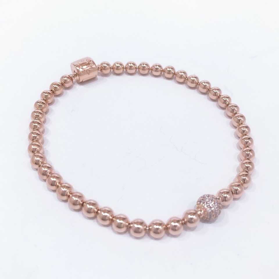 NEW Authentic PANDORA Rose Gold Beads & Pave CZ Logo Clasp Bracelet ...