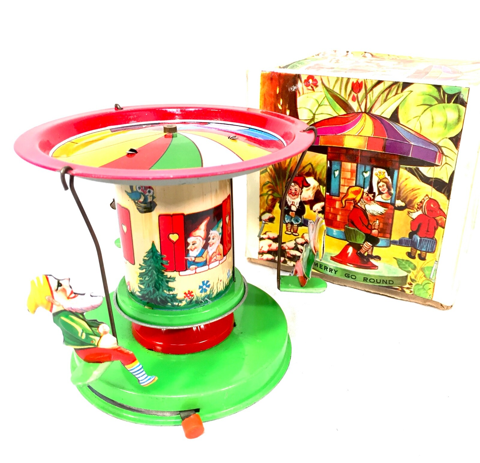 Vintage Wind-up Clockwork Tin Mechanical Elf Merry Go Round Toy / Boxed ...