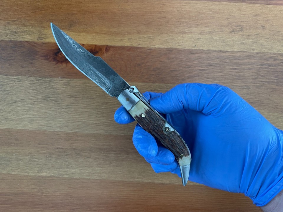 3.14” Spanish Navaja Pocket Knife Damascus Steel Deer Antler Scales ...