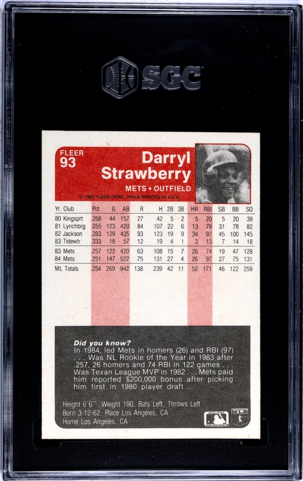 1985 Fleer - Darryl Strawberry #93 New York Mets SGC 8 NM MT | eBay