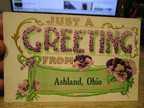 J1 Vintage Old Victorian Era OHIO Greetings Postcard ASHLAND Purple ...