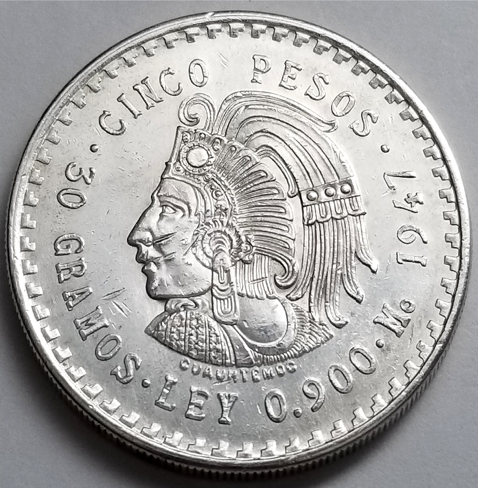 Mexico cinco 5 Pesos 1947 Cuauhtemoc The Last Aztec Emperor, Silver ...