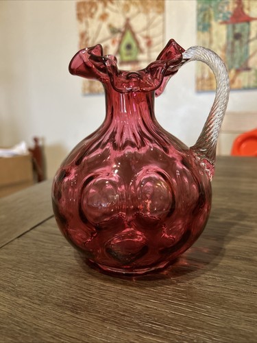 Fenton Cranberry Thumbprint Pitcher Ruffled Rim Clear Handle 7” Tall ...