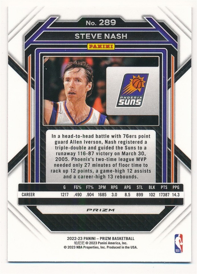 STEVE NASH 2022-23 PANINI PRIZM RED WAVE #289 PHOENIX SUNS BASKETBALL ...