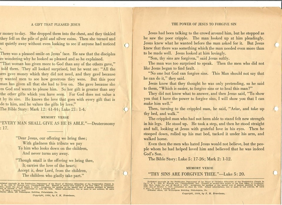 2 Primary Bible Lessons ©1928 Sunday School Lithographs Womans Gift ...