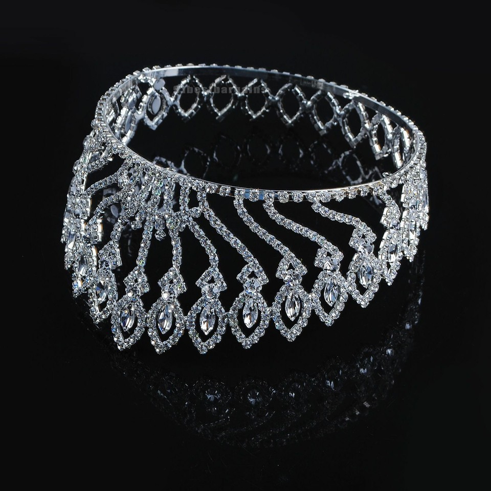 Stunning Full Round Tiara Crown Rhinestones Crystal Pageant Wedding ...