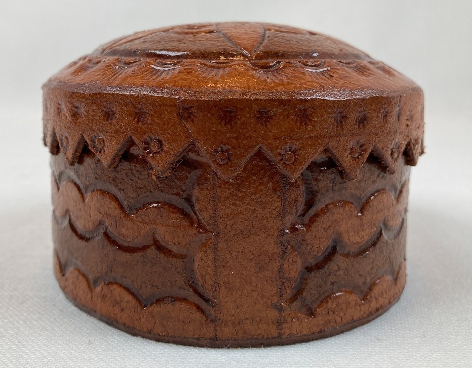 Leather Trinket Box with Matching Lid Brown Tooled Round Folk Art 2" H ...