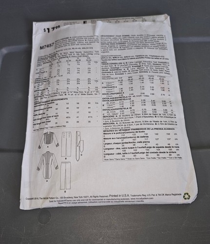 Mccall’s M7457 34-52 Sewing Pattern Military Costume Reign Tudors ...