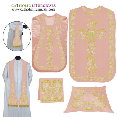 LIGHT ROSE Roman Chasuble Fiddleback Vestment & 5 pcs mass set IHS ...