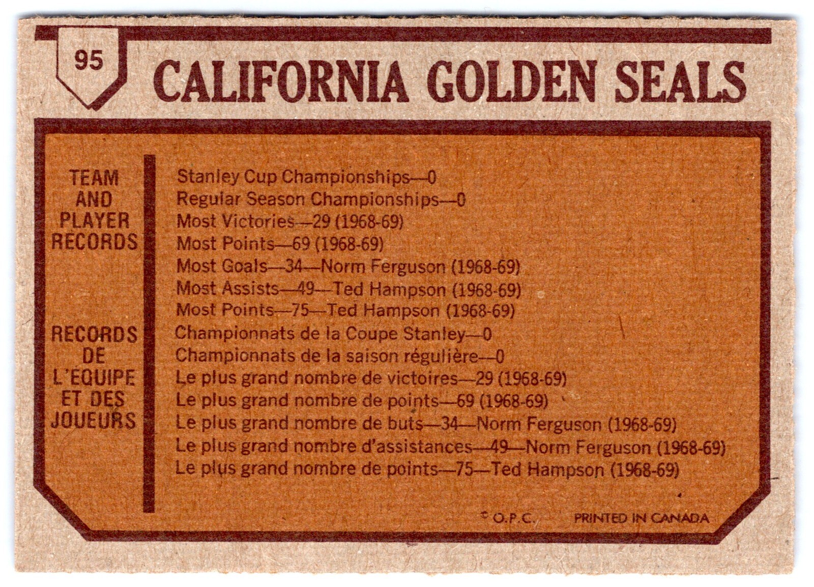 CALIFORNIA GOLDEN SEALS TEAM 1973-74 O-PEE-CHEE 73-74 NO 95 NRMINT ...