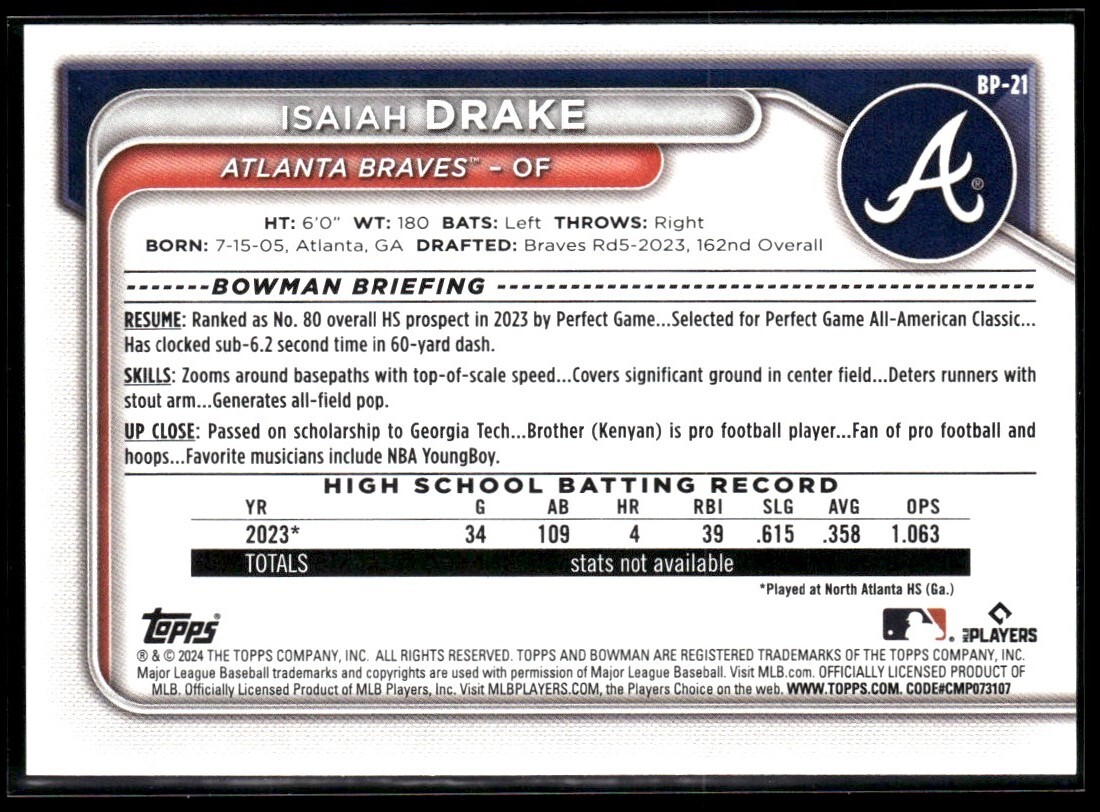 2024 Bowman Prospects Base Isaiah Drake Atlanta Braves #BP-21 | eBay