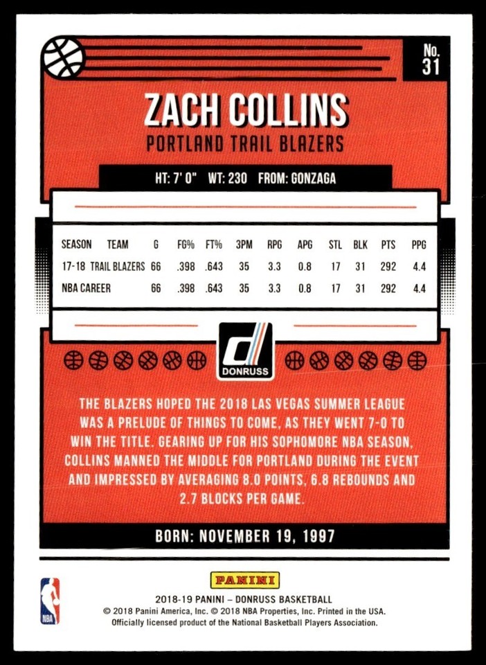 2018-19 Donruss Zach Collins Portland Trail Blazers #31 | eBay